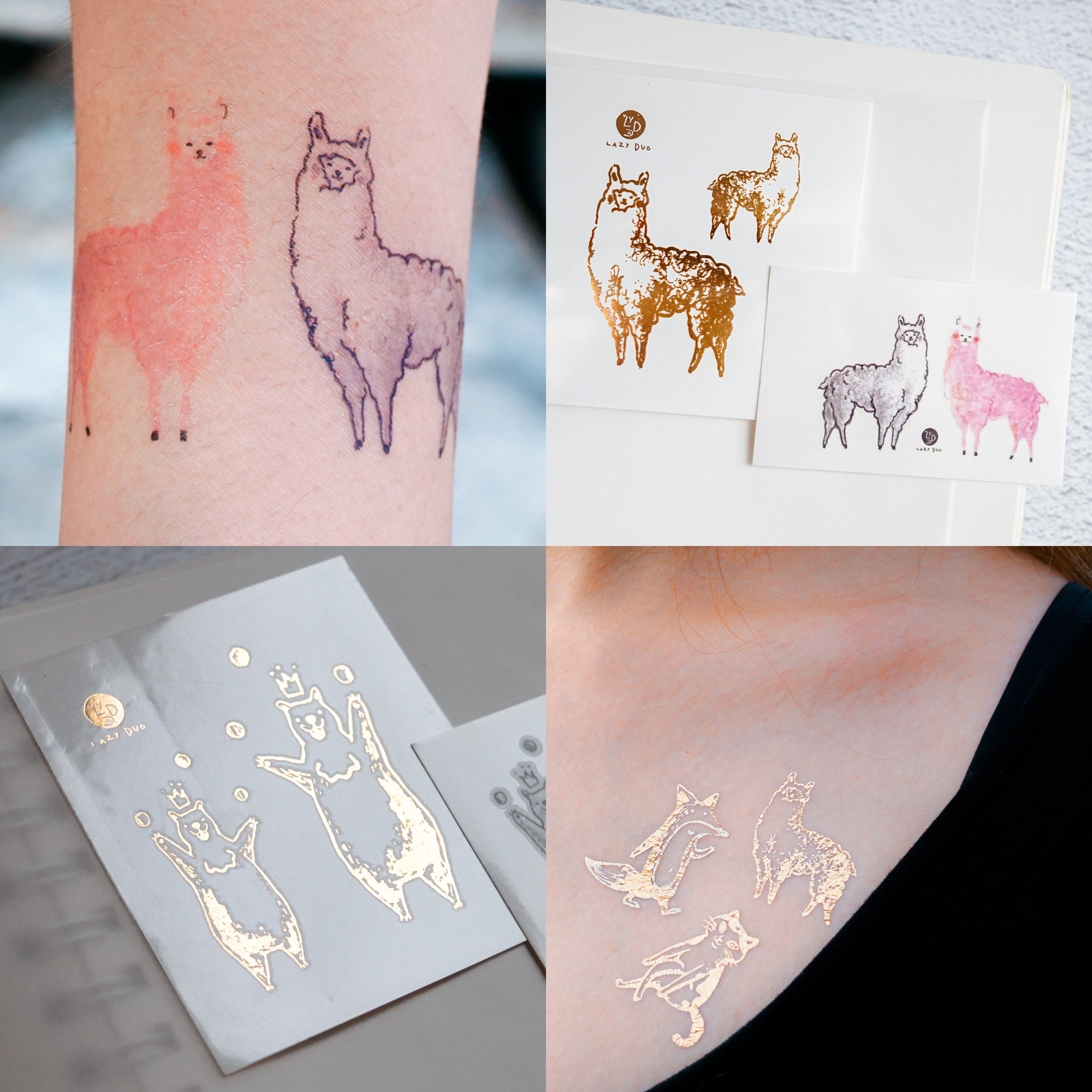 Animal Doodle Temporary tattoo Stickers Cute Fox tattoo Cow | Etsy