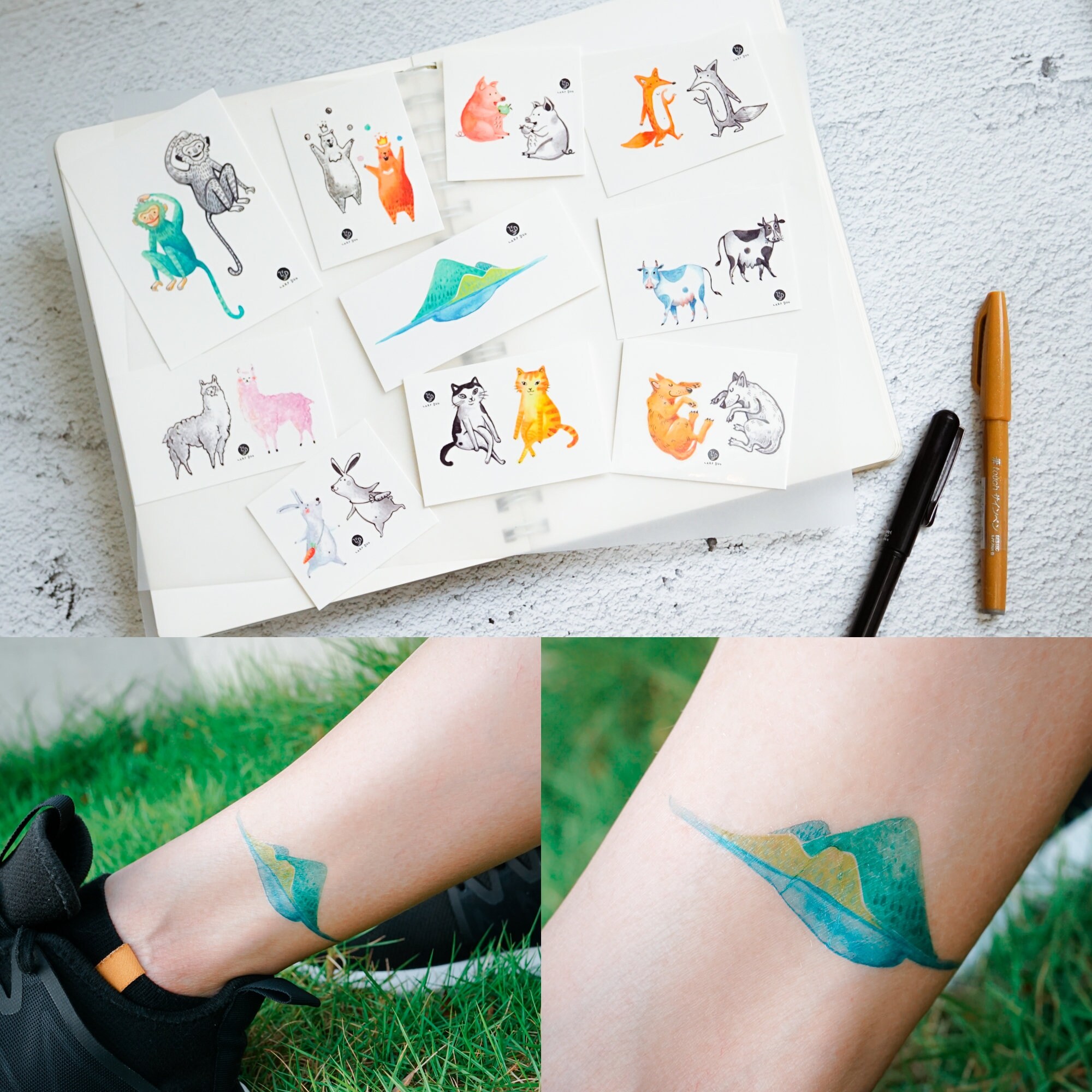 Animal Doodle Temporary Tattoo Stickers Cute Fox Tattoo Cow - Etsy Hong ...