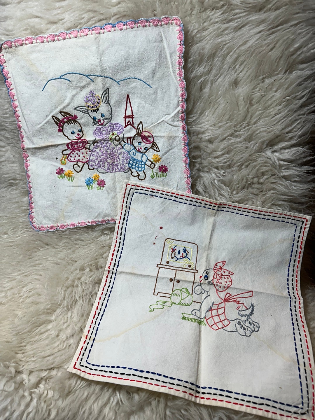 Two Easter Themed Vintage Hand-stitched Handkerchiefs - Etsy