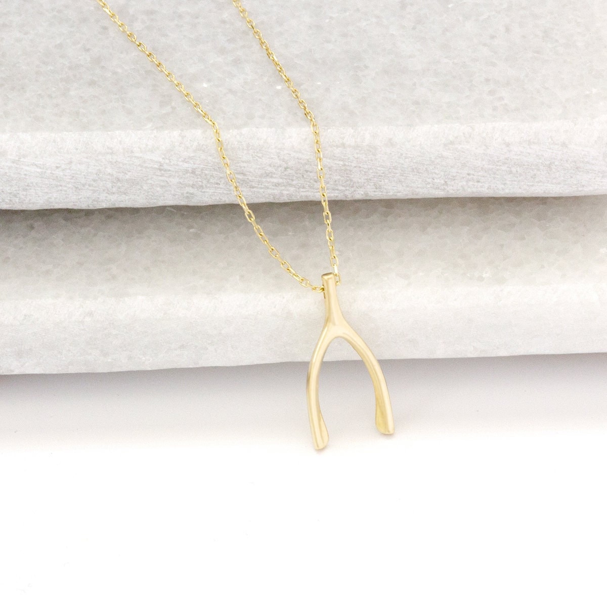 14k Solid Gold Wishbone Necklace. Wishbone Pendant With Necklace ...