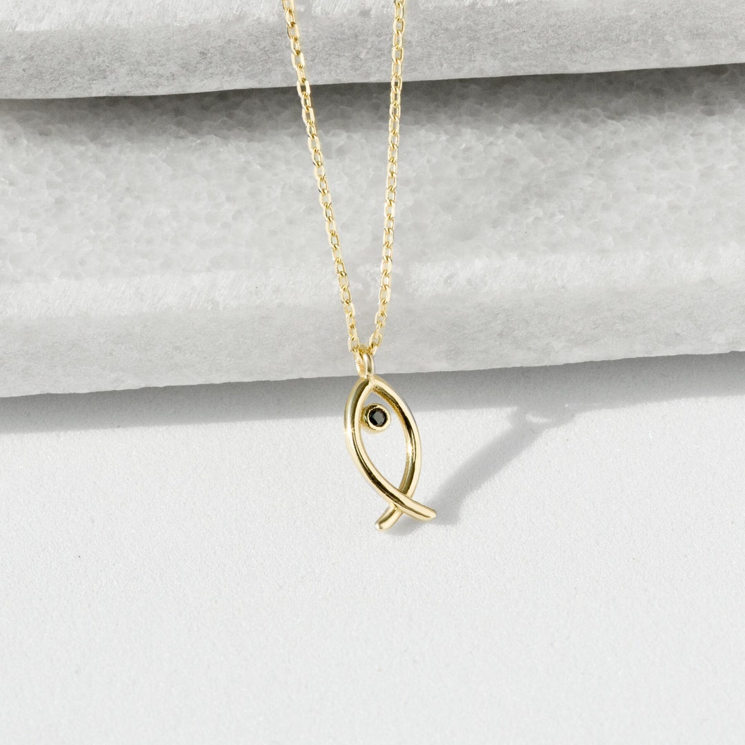 14K Gold Fish Necklace. Tiny Solid Gold Fish Pendant, Fish Everyday Use ...