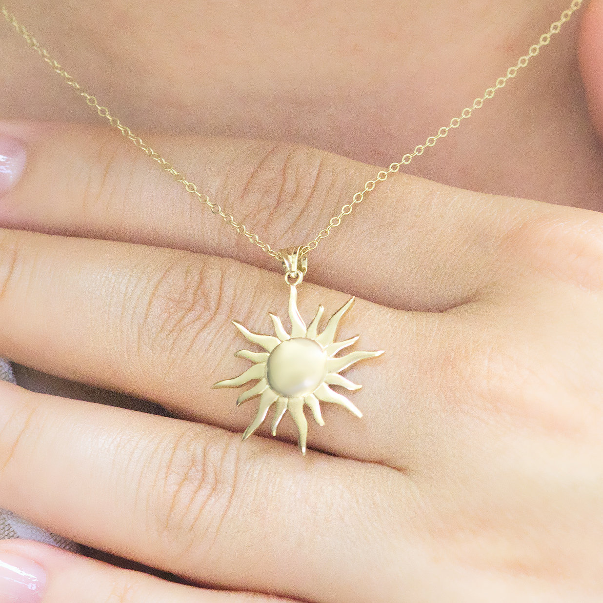 Gold Sun Necklace, 14 K Solid Gold Sunshine Necklace | Gold Glowing Sun ...