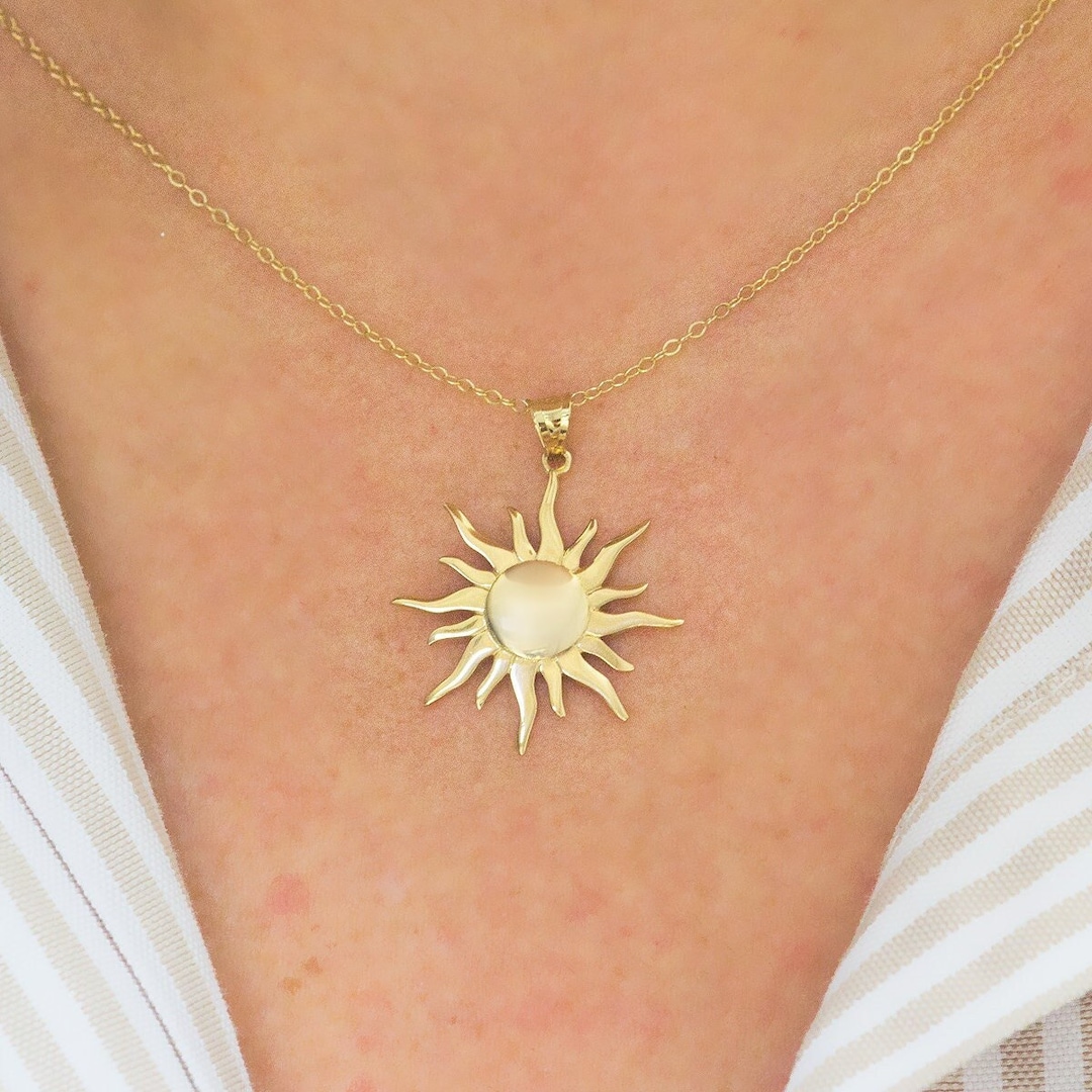 Gold Sun Necklace, 14 K Solid Gold Sunshine Necklace | Gold Glowing Sun ...