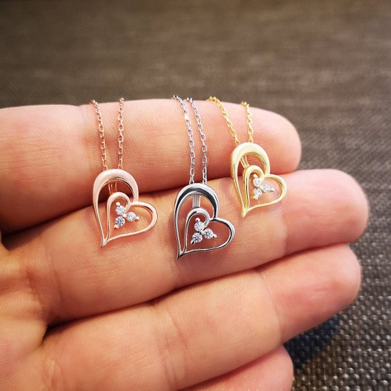 Three Stone Heart Necklace / 925 K Silver Heart Pendant Tiny | Etsy