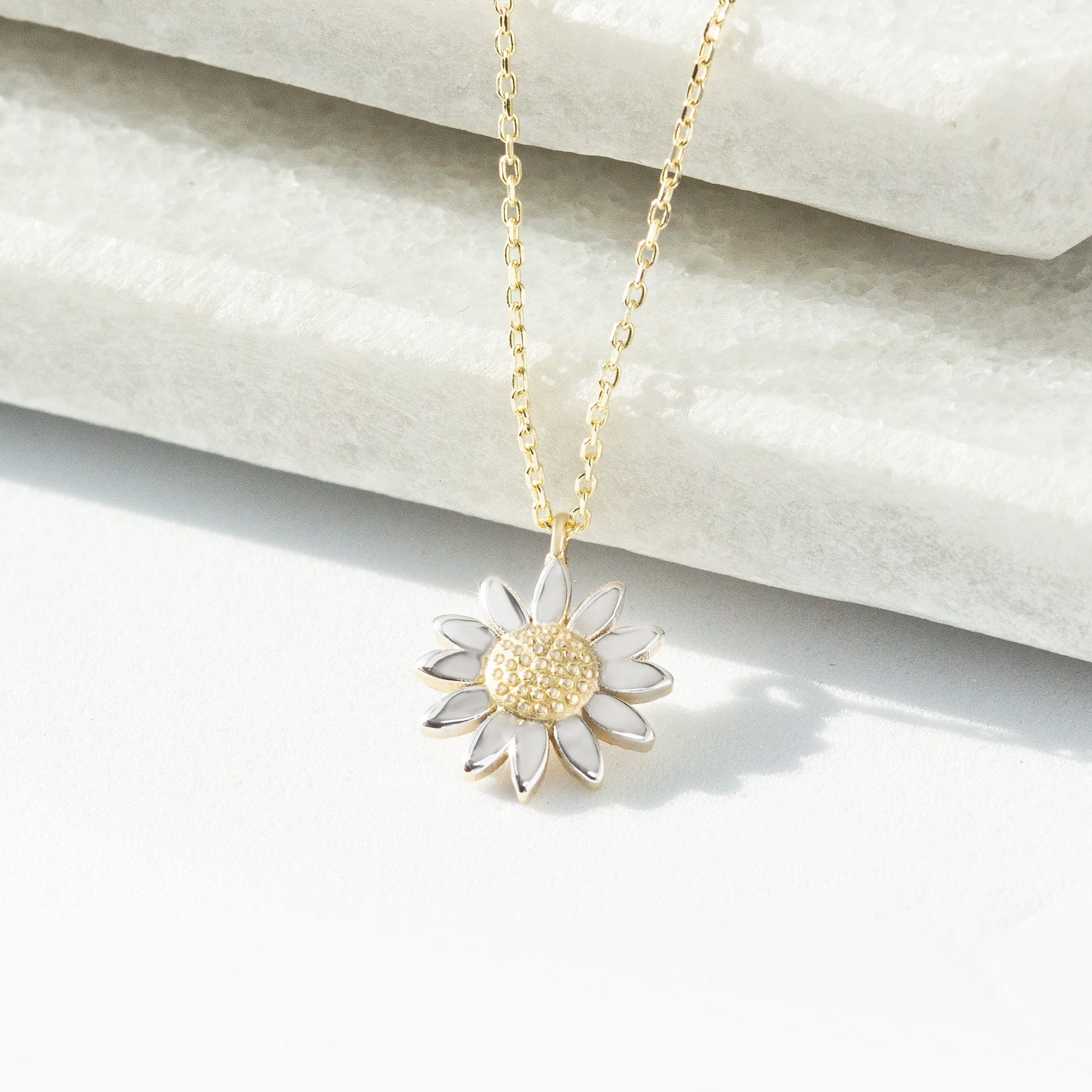 Tiny Gold Daisy Necklace, 14 K Solid Gold Dainty Daisy Flower Pendant ...