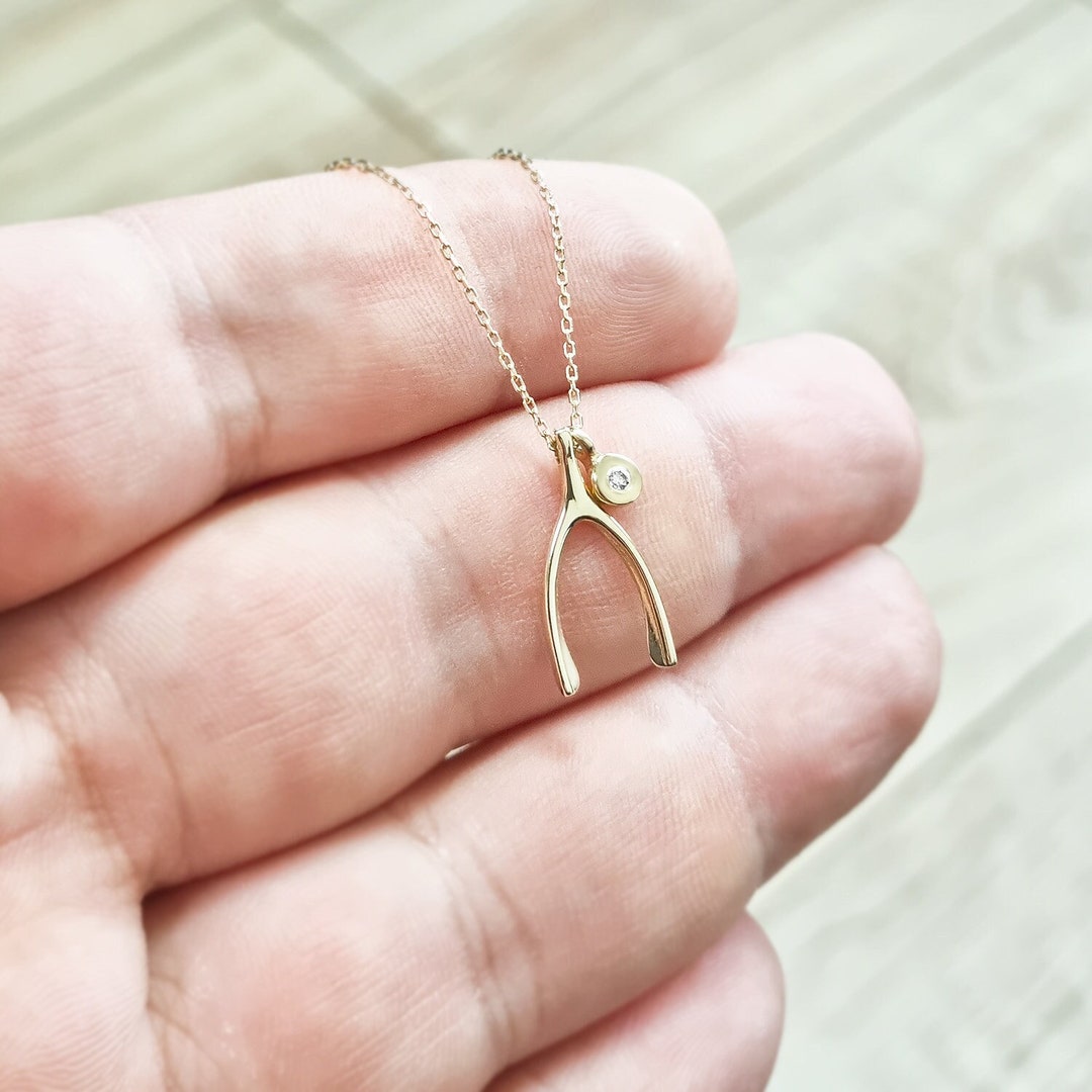Diamond Wishbone Necklace. 14k Solid Gold Wishbone Pendant With Diamond ...