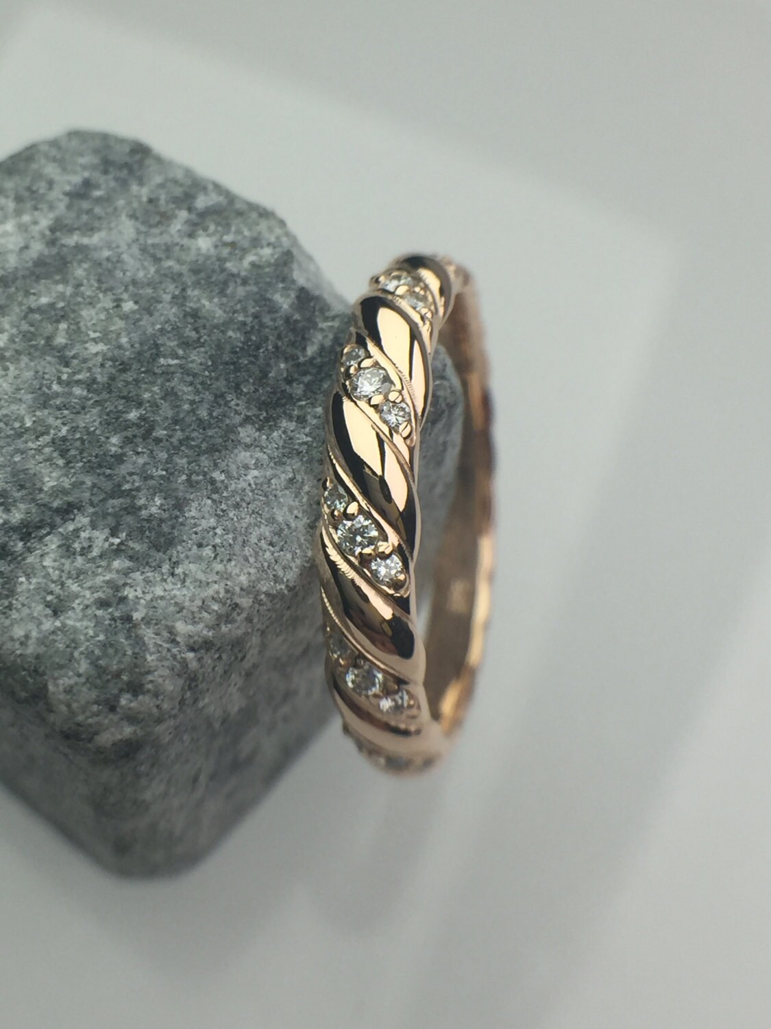14K Rose Gold Rope Style Diamond Wedding Band - Etsy
