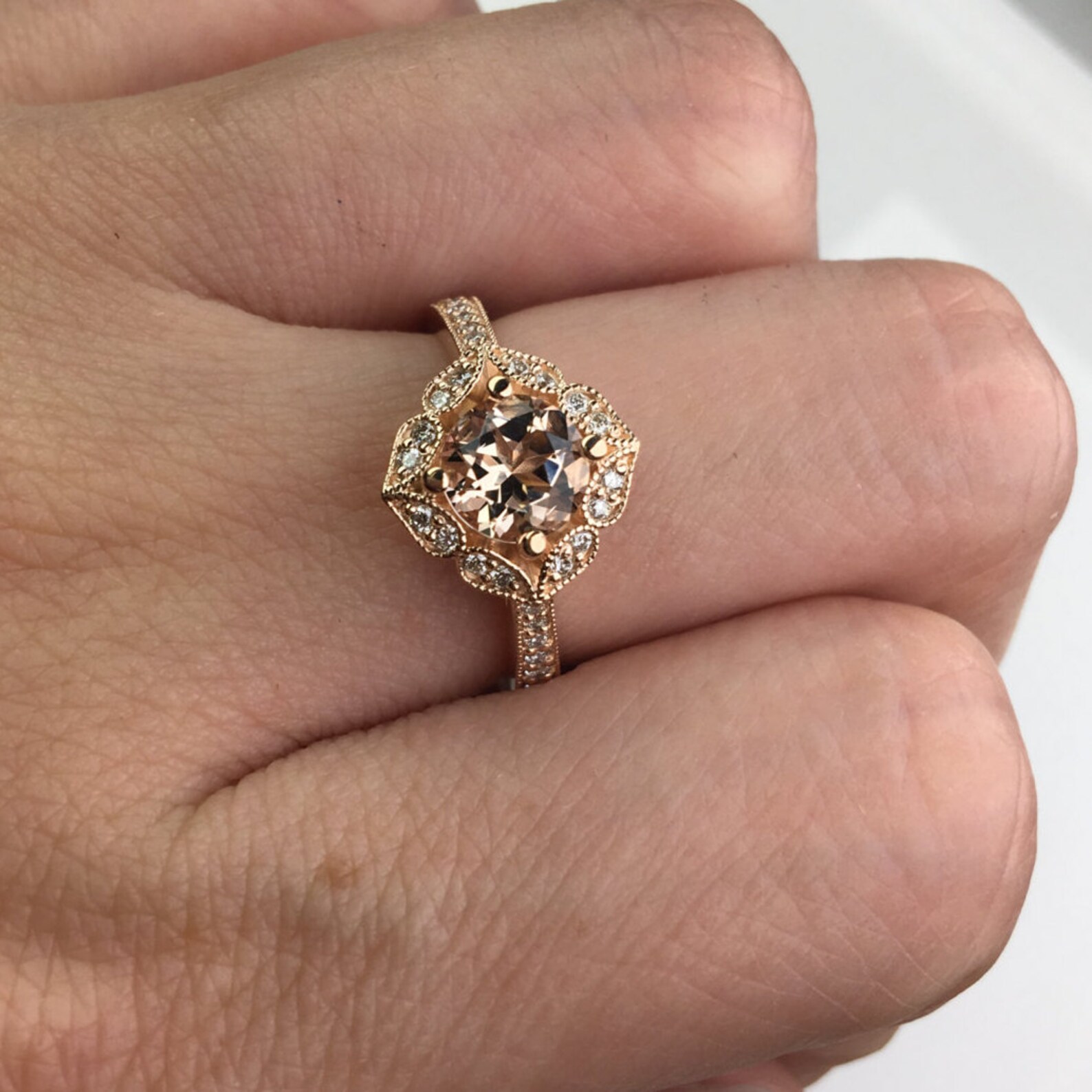 Halo Morganite Diamond Engagement Ring in 14K Rose Gold - Etsy