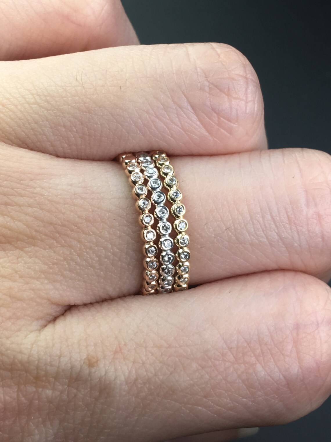 Trio of Stackable Ring, Set of Three Diamond Bubble Rings in 14K Yellow ...