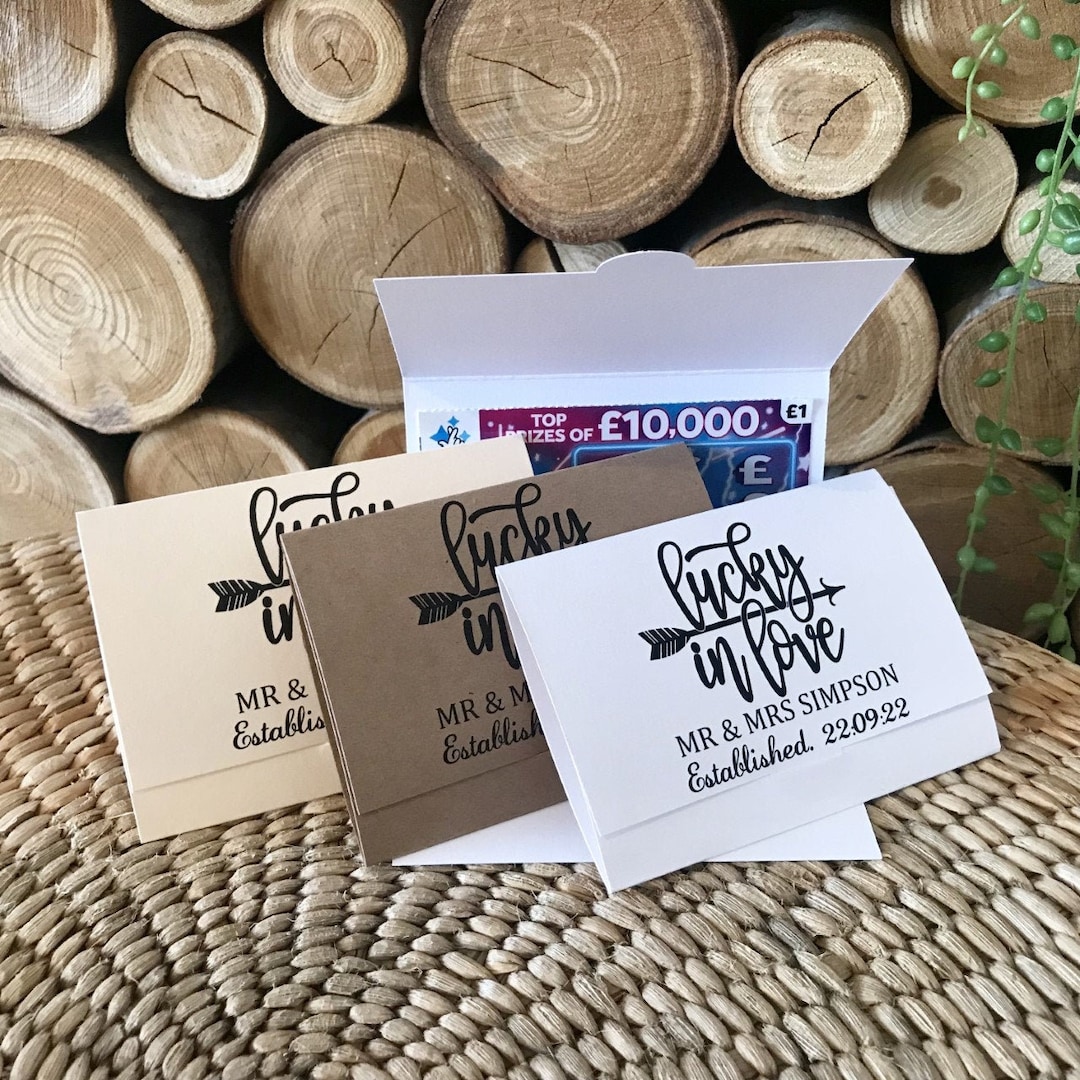 Personalized Wedding Favor Scratch Card Holder: Lucky in Love Lotto ...