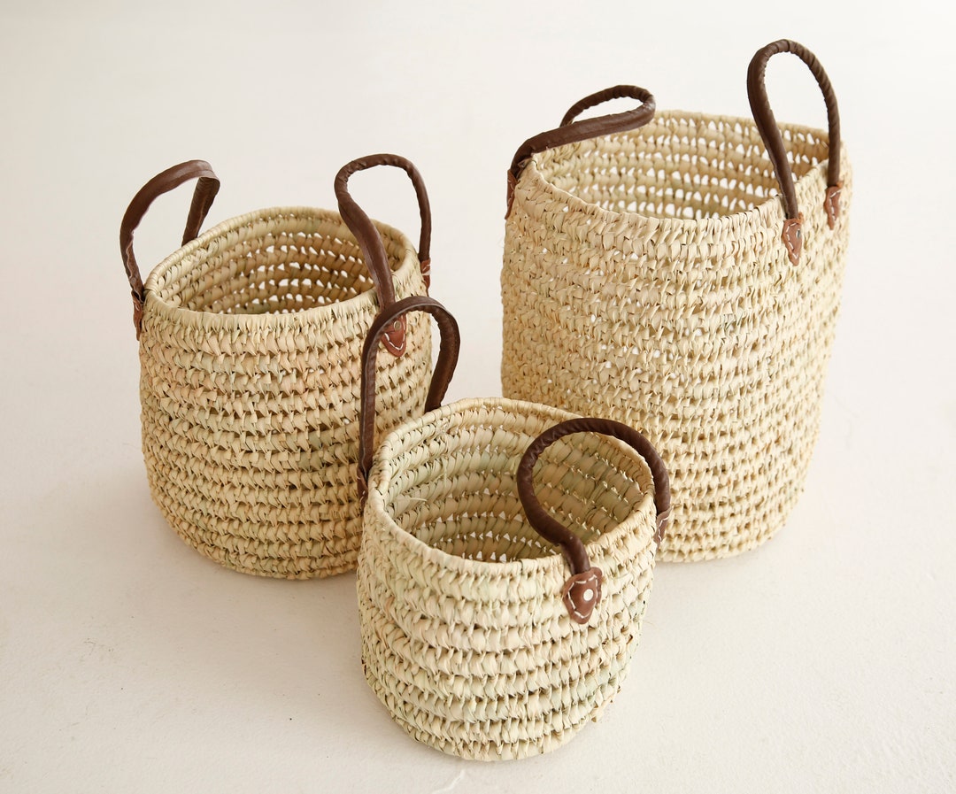 Round Straw Basket With Leather Handles, Set of 3 or Single, Woven Straw Basket Leather Handles ...