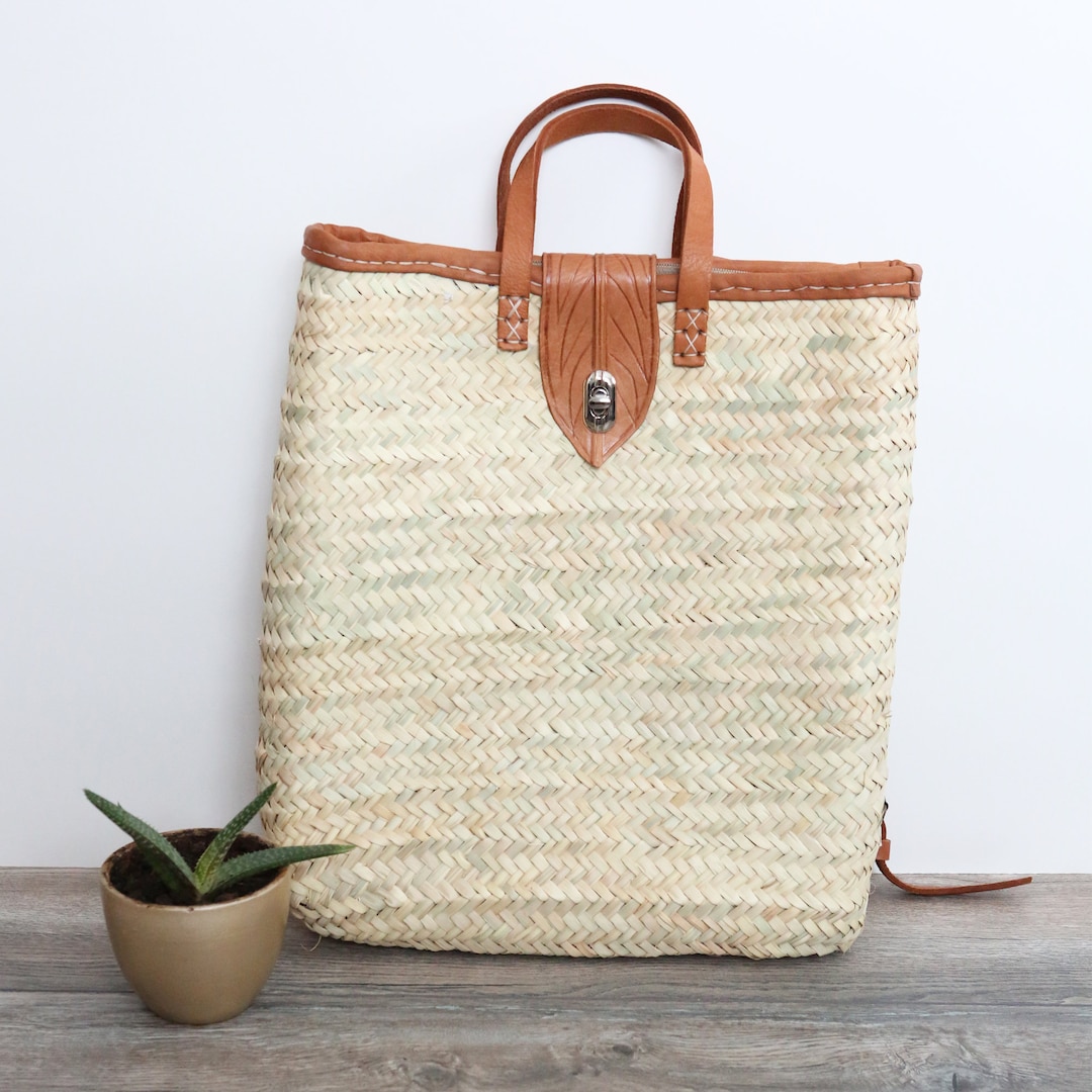 The "autumn" Straw and Leather Backpack, Palm Leaves, Natural Leather ...