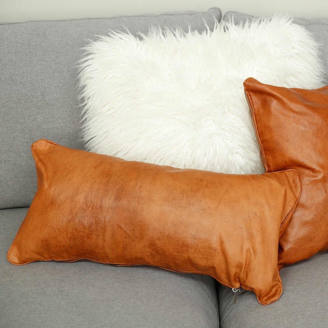 Leather Lumbar Pillow in Cognac Bohemian Decorative Pillow - Etsy