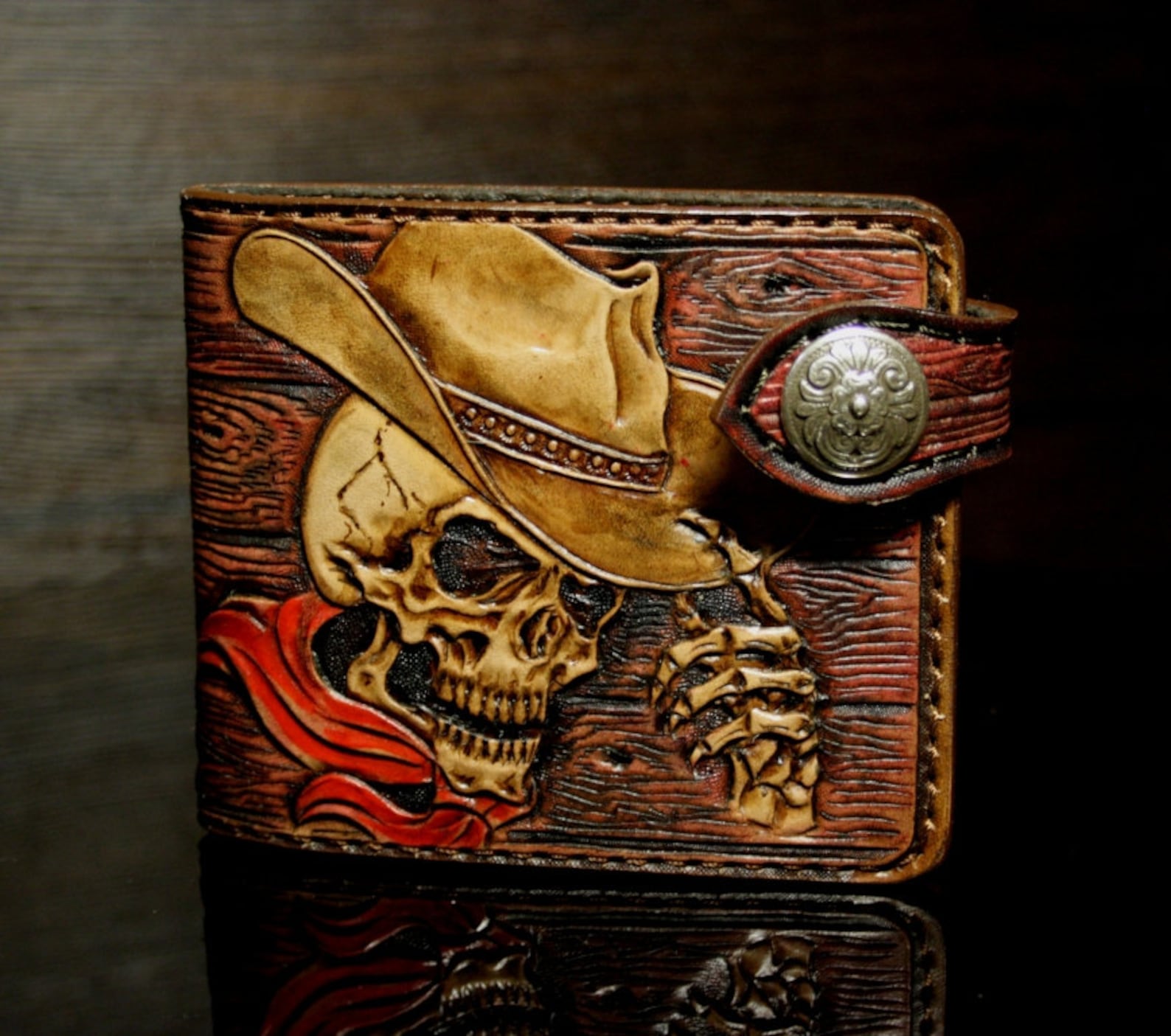 Hand-tooled Leather Wallet Wood-like Design With Skull Cowboy | Etsy