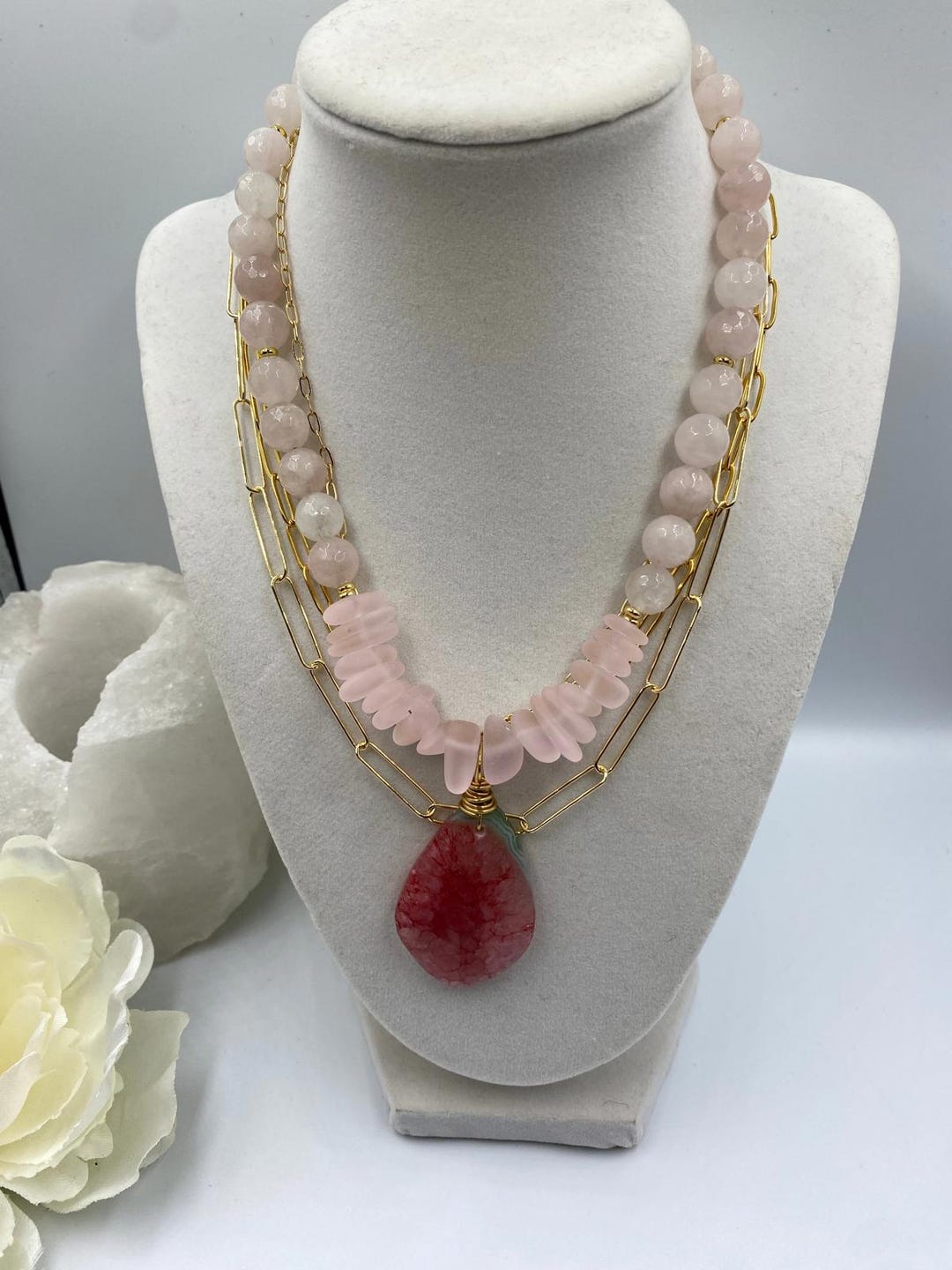 Amelia Necklace - Rose Quartz, Agate & Matte Glass - Gold Plated ...