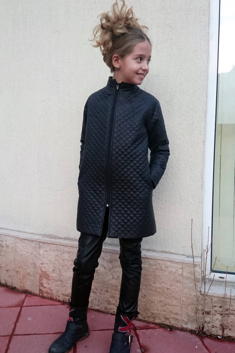 Black Faux Leather Quilted Coat for Girls Kids Jacket Long - Etsy