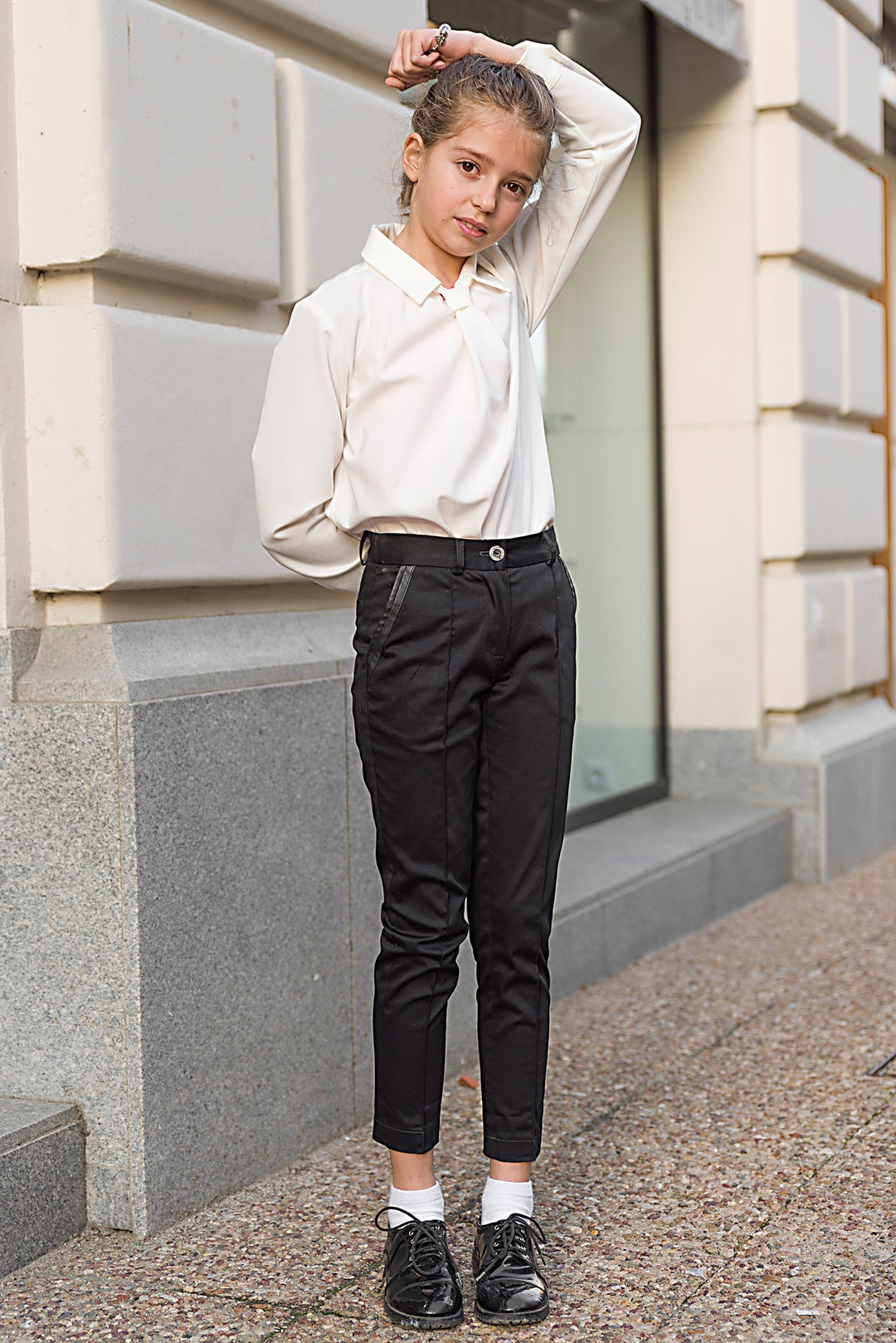 Girls' Black Tuxedo Pants: Slim Fit Formal Trousers With Faux Leather ...