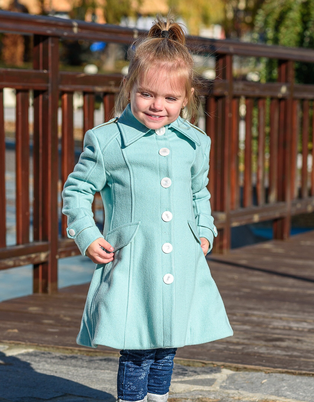 Teal Winter Tench Coat With Pockets, Warm Long Wool Coat Girl, Kids ...