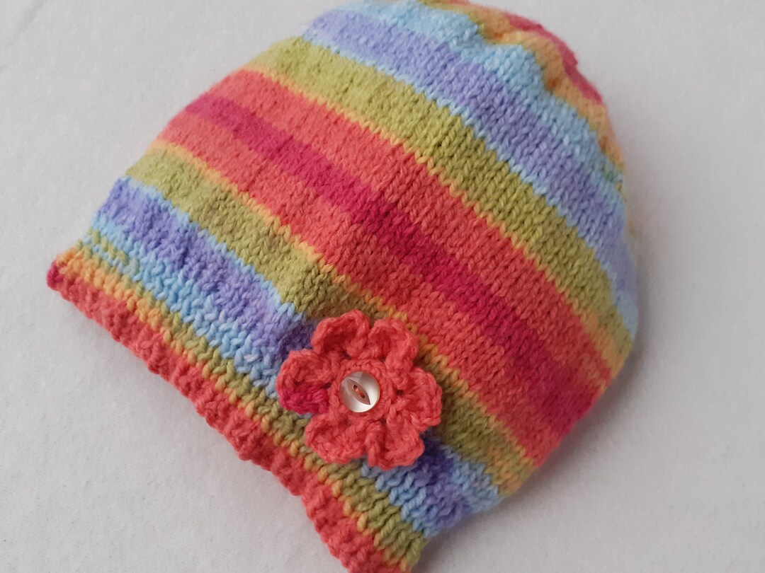 Handmade Rainbow Knit Hat: Boho Flower Bonnet, 5-7 Years - Etsy