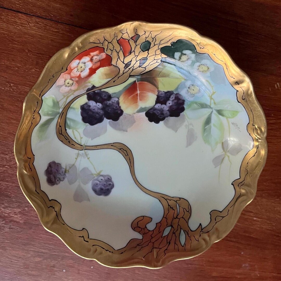 Antique Pickard Fruit Cabinet Bowl: Signed Minnie Pickard Blackberries ...