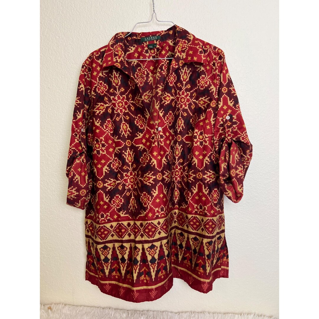 Lauren Ralph Lauren LRS Red Ikat Aztec Print Popover Tunic Top Womens ...