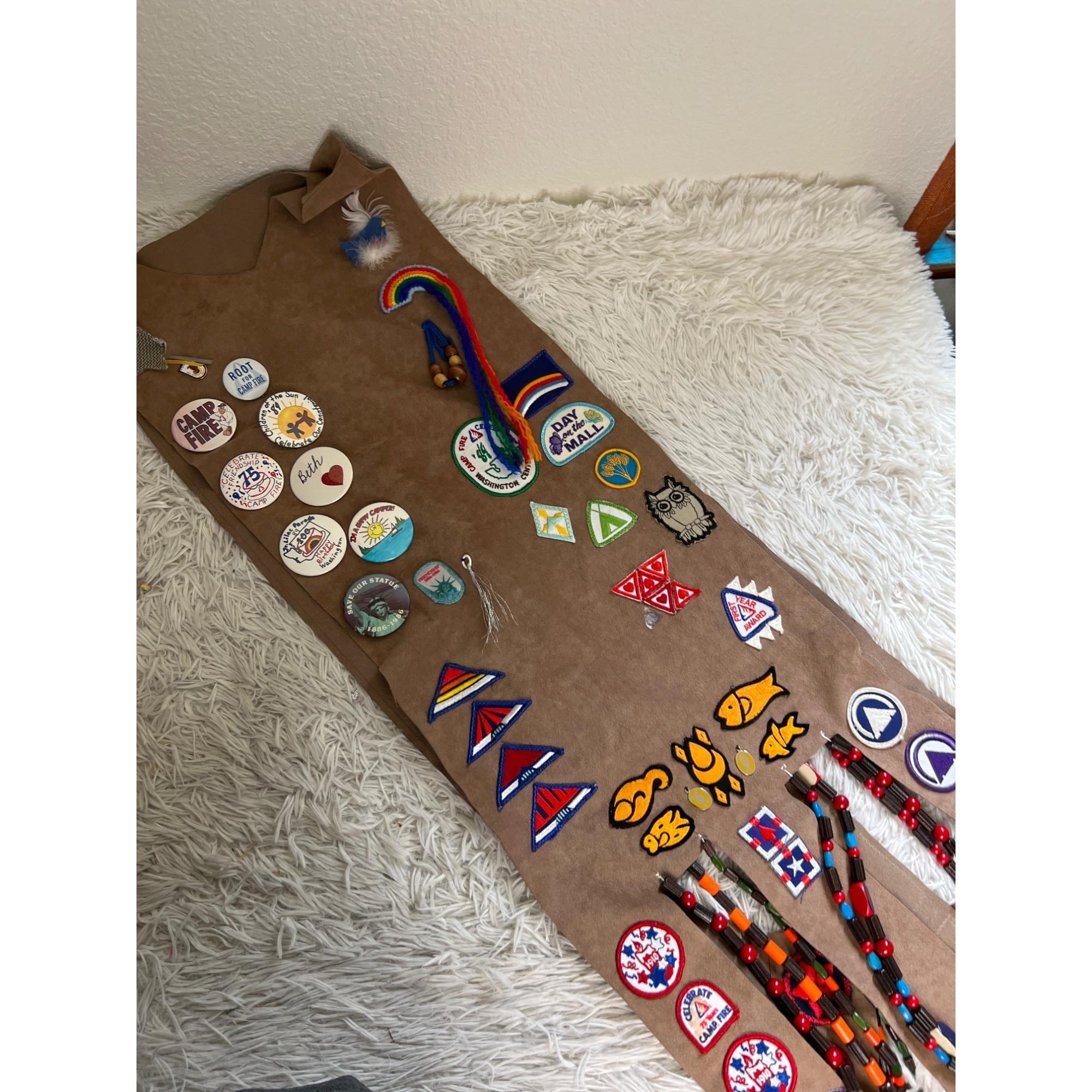 Vintage Campfire Girls Sash Ceremonial Amazing Piece Pins Patches Beads ...