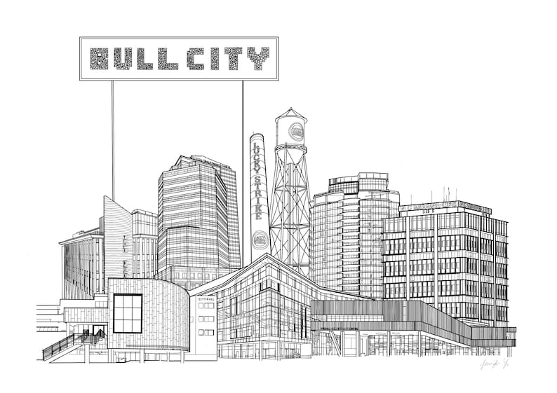 Durham (bull City) North Carolina Drawing Print Art (unframed) - Etsy