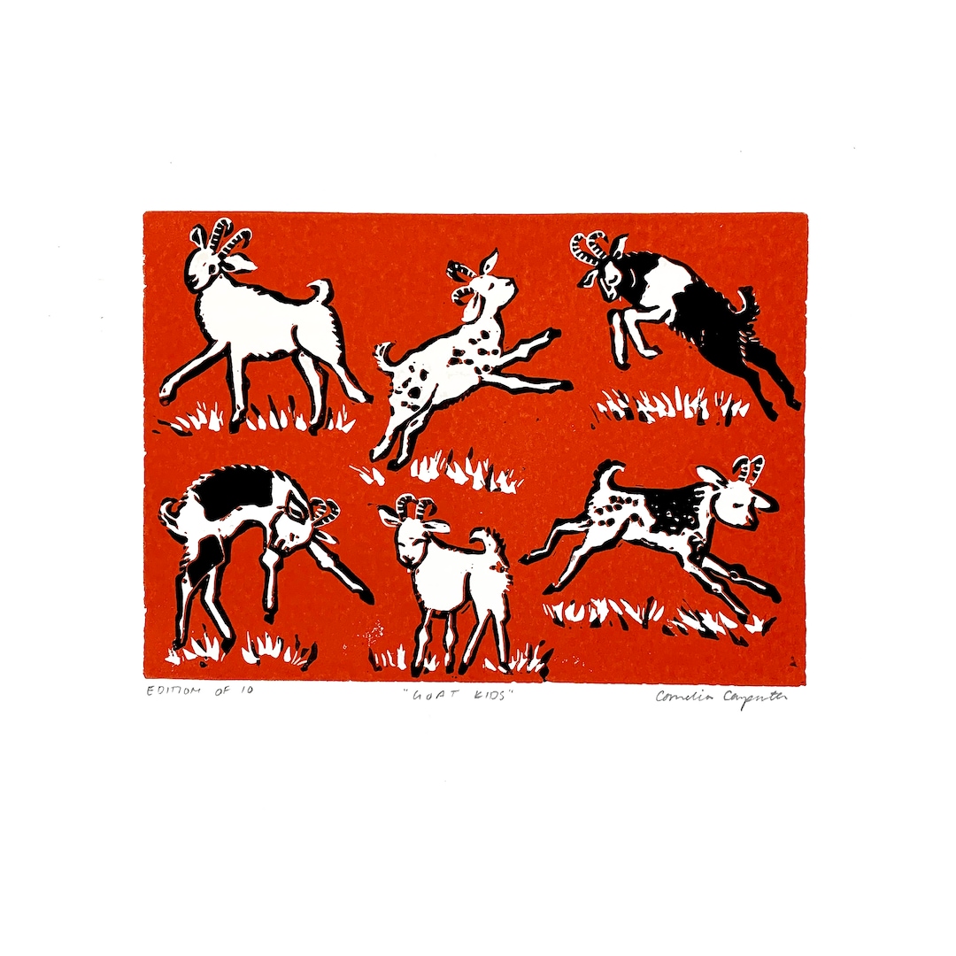 Goat Kids Linocut Print - Etsy