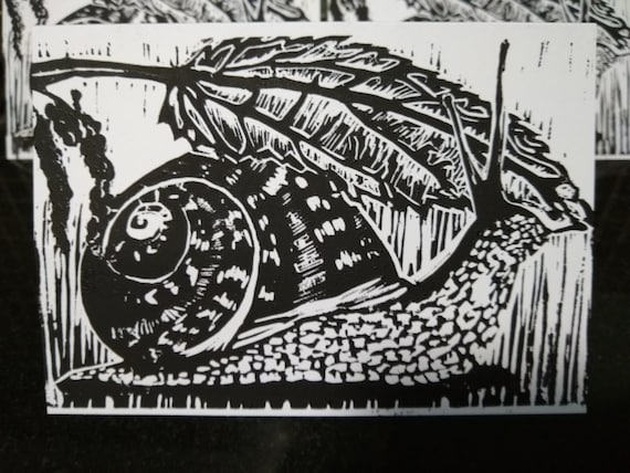 Snail and Nettle Hand Printed Lino Cut Blank Greeting Card | Etsy