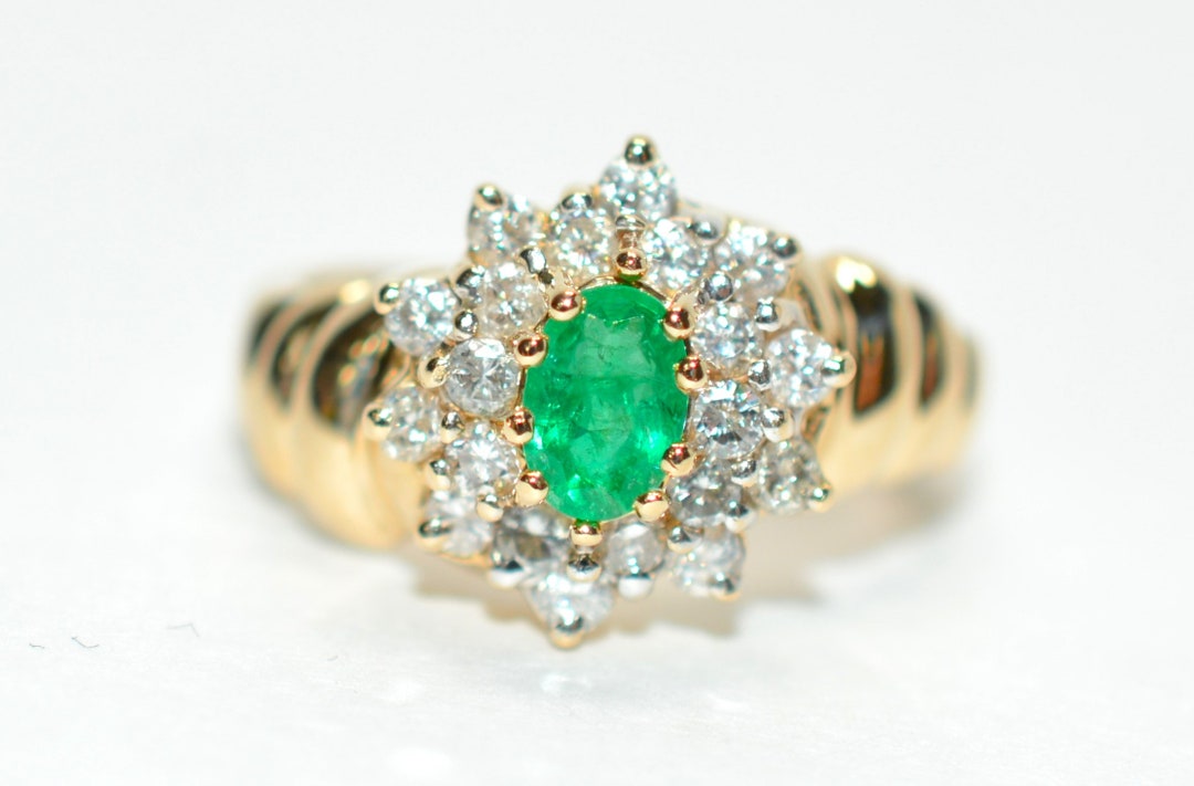 Colombian Emerald & Diamond Ring: 14K Gold Cluster Statement Ring - Etsy