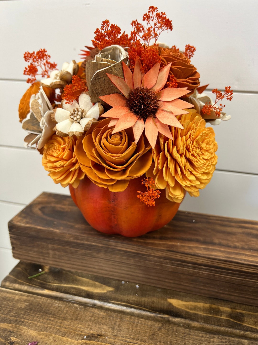 Fall Pumpkin Sola Flower Arrangement - Orange and Rust - Fall Wood ...