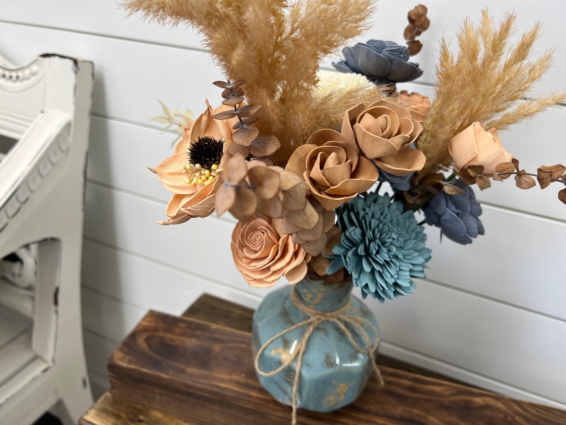 READY TO SHIP Boho Blues Peach and Dusty Blue Flower - Etsy