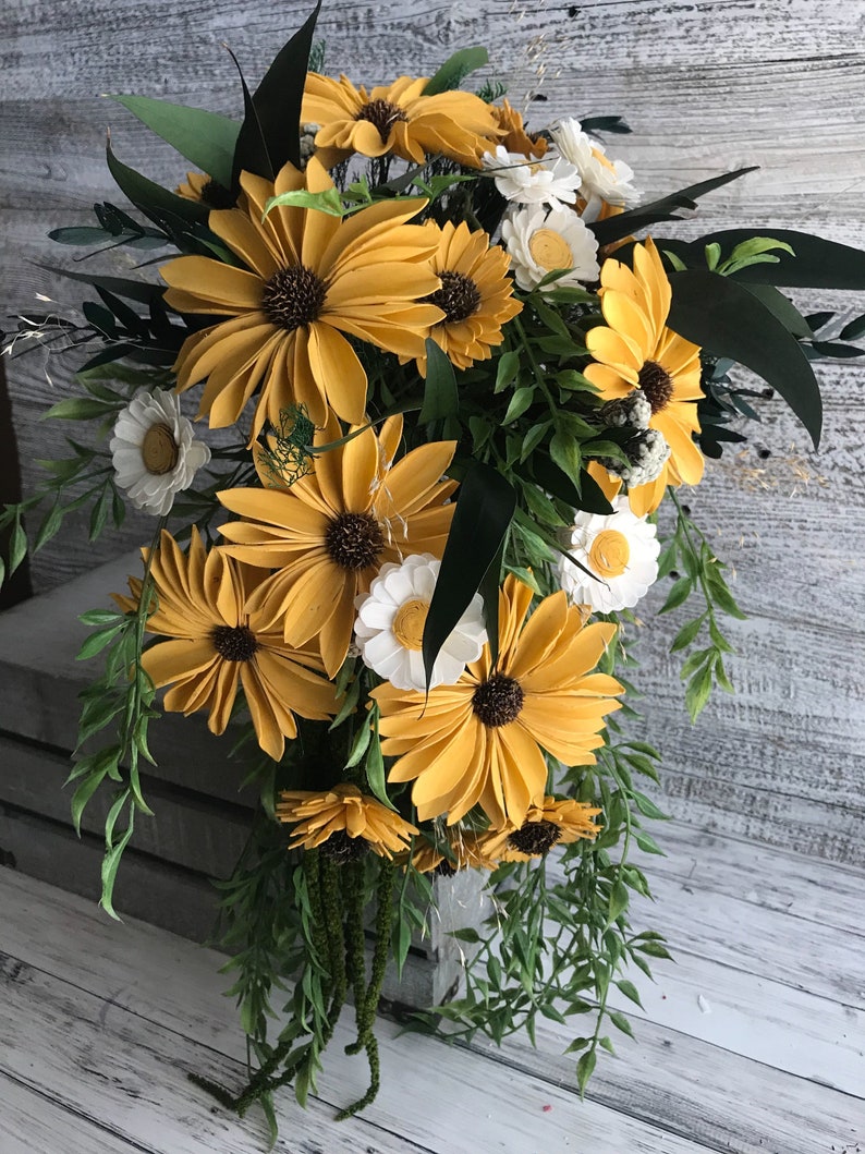 Sunflower Cascade Wedding Bouquet, Hand-dyed Sola Wood Flowers ...