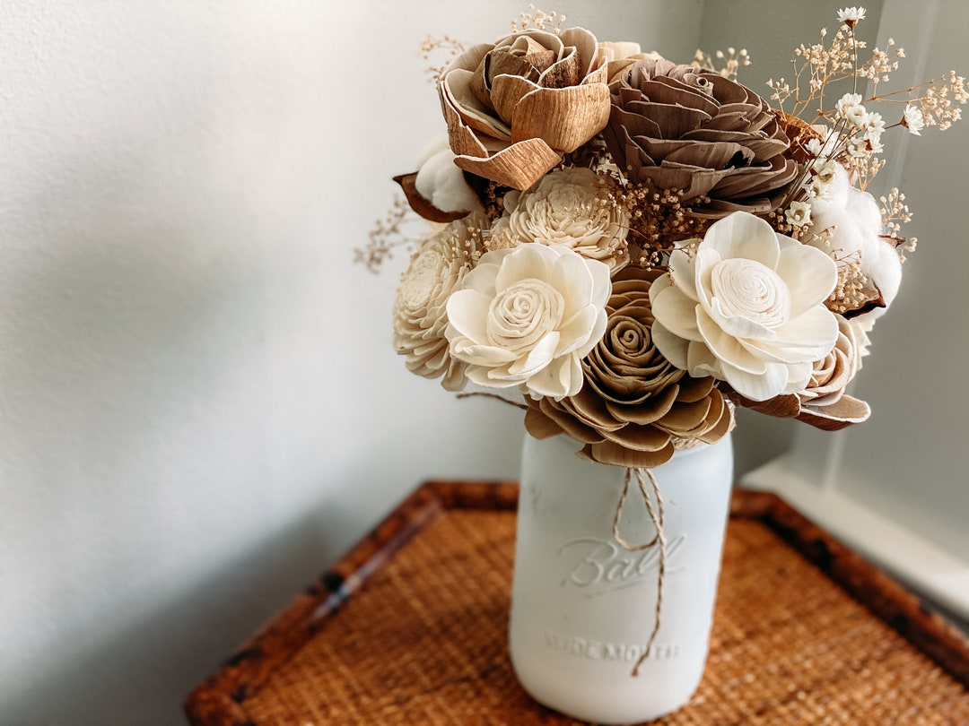 Rustic Sola Wood Flower Arrangement, Farmhouse Cotton Centerpiece ...