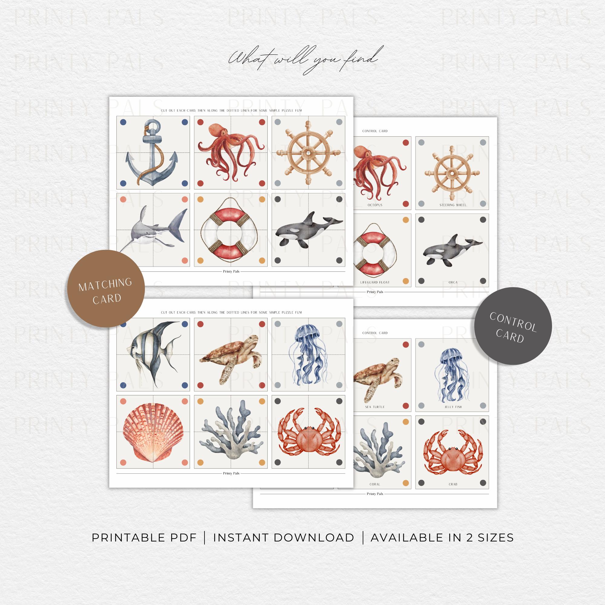 12 Ocean Life Matching Cards, Printable Watercolor Ocean Life Puzzles ...