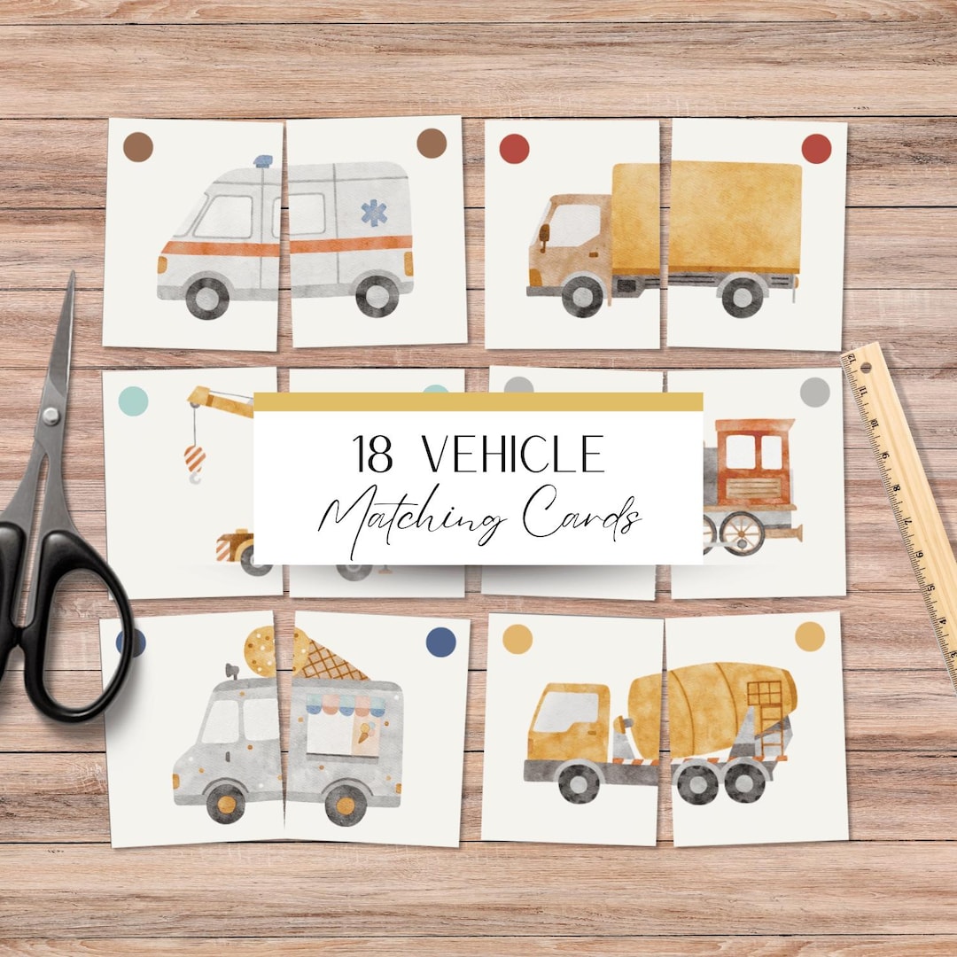 18 Vehicle Matching Cards, Printable Watercolor Vehicle Puzzles ...
