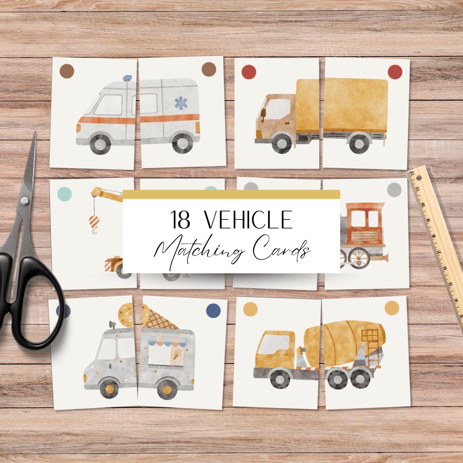 18 Vehicle Matching Cards, Printable Watercolor Vehicle Puzzles ...