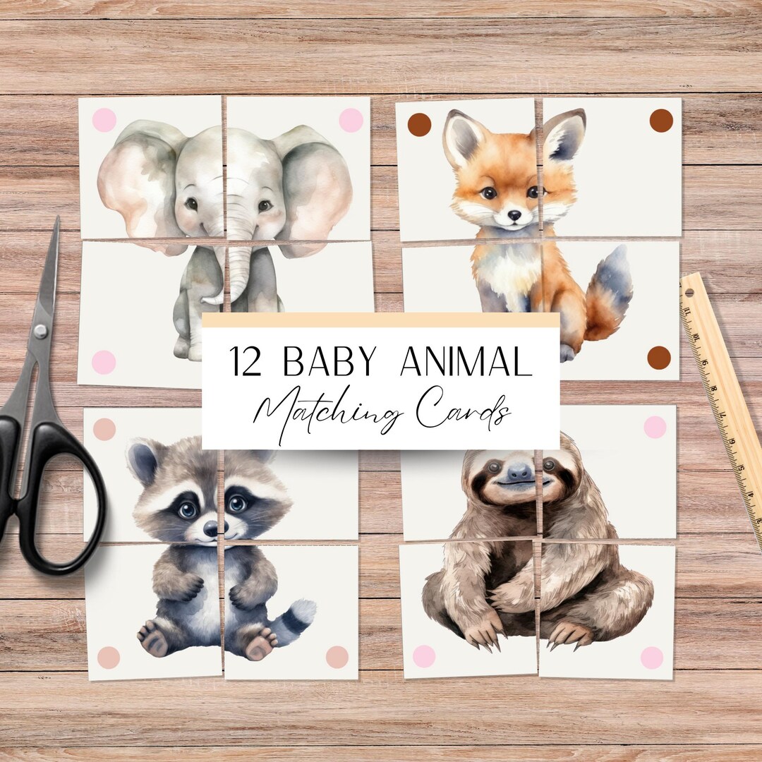 12 Baby Animal Matching Cards, Printable Watercolor Animal Puzzles ...