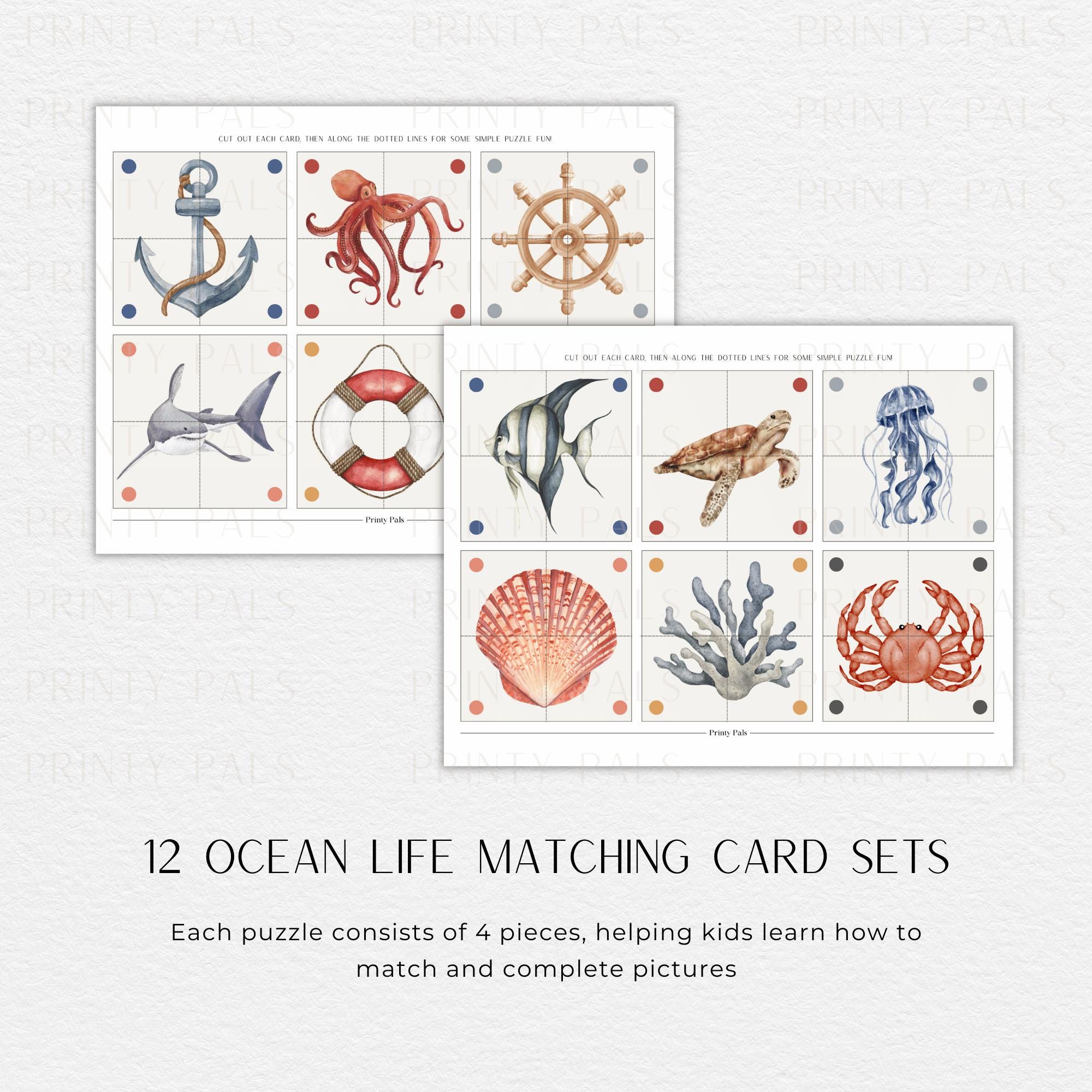 12 Ocean Life Matching Cards, Printable Watercolor Ocean Life Puzzles ...