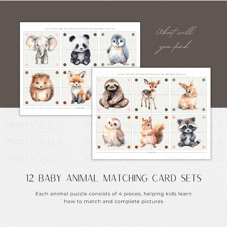 12 Baby Animal Matching Cards, Printable Watercolor Animal Puzzles ...