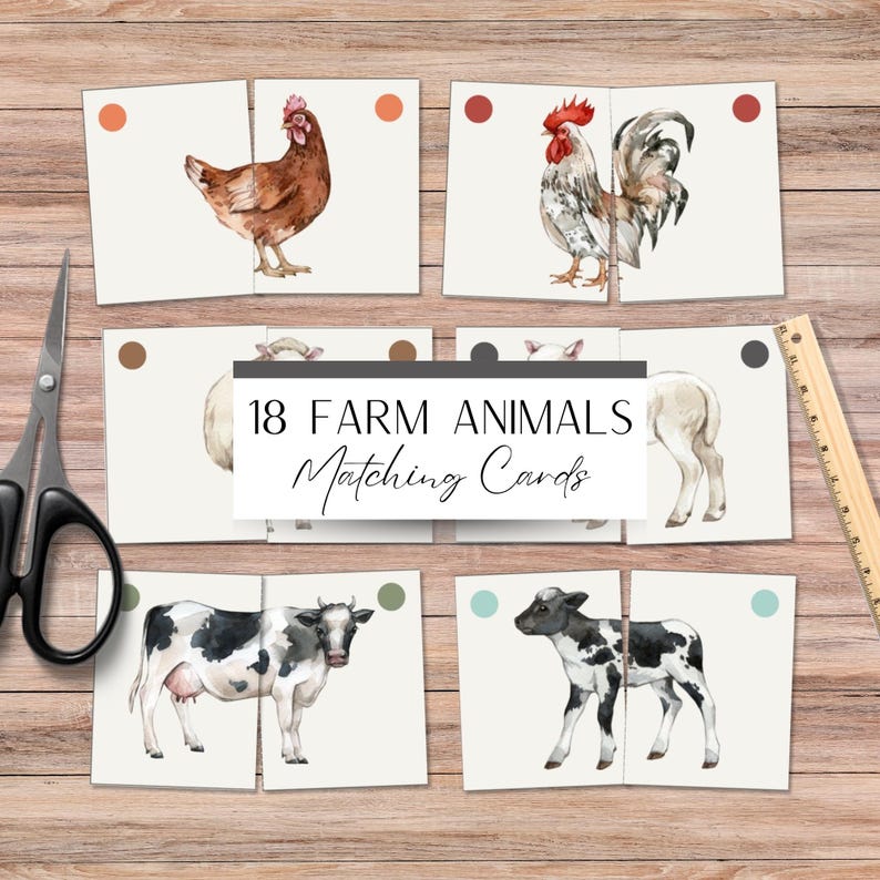Farm Animal Matching Game: Watercolor Montessori Cards (digital ...