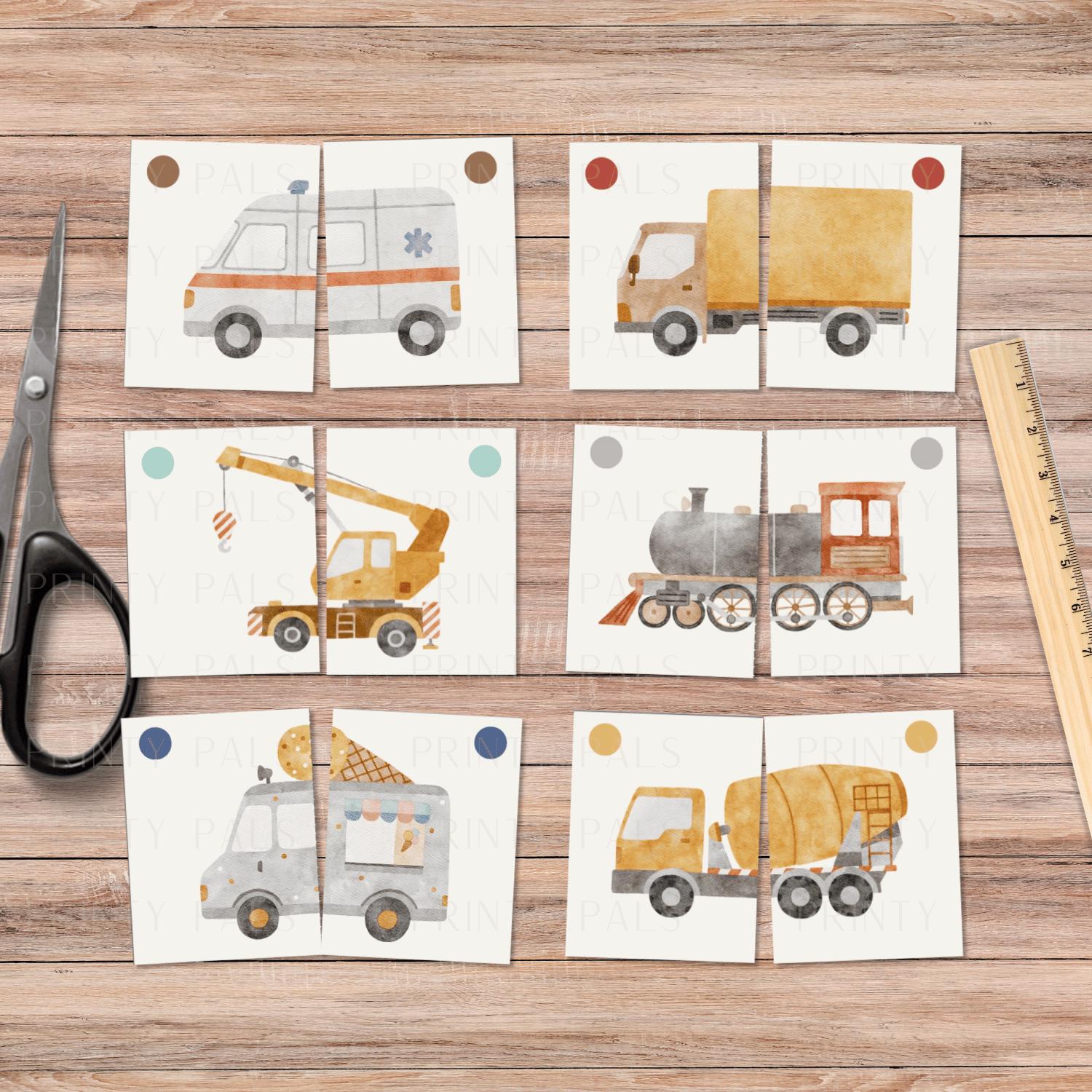 18 Vehicle Matching Cards, Printable Watercolor Vehicle Puzzles ...