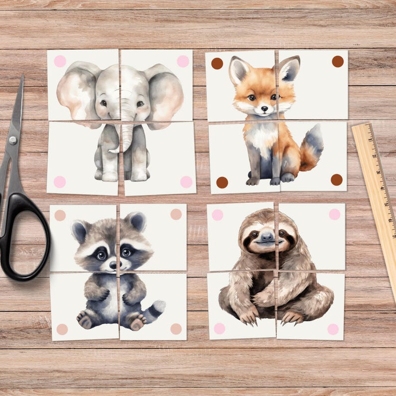 12 Baby Animal Matching Cards, Printable Watercolor Animal Puzzles ...