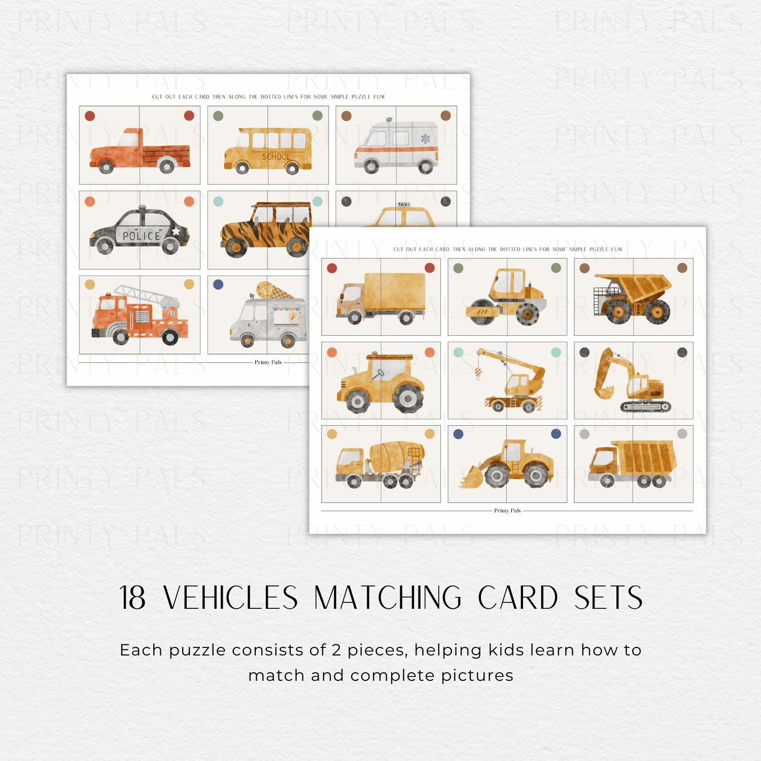 18 Vehicle Matching Cards, Printable Watercolor Vehicle Puzzles ...