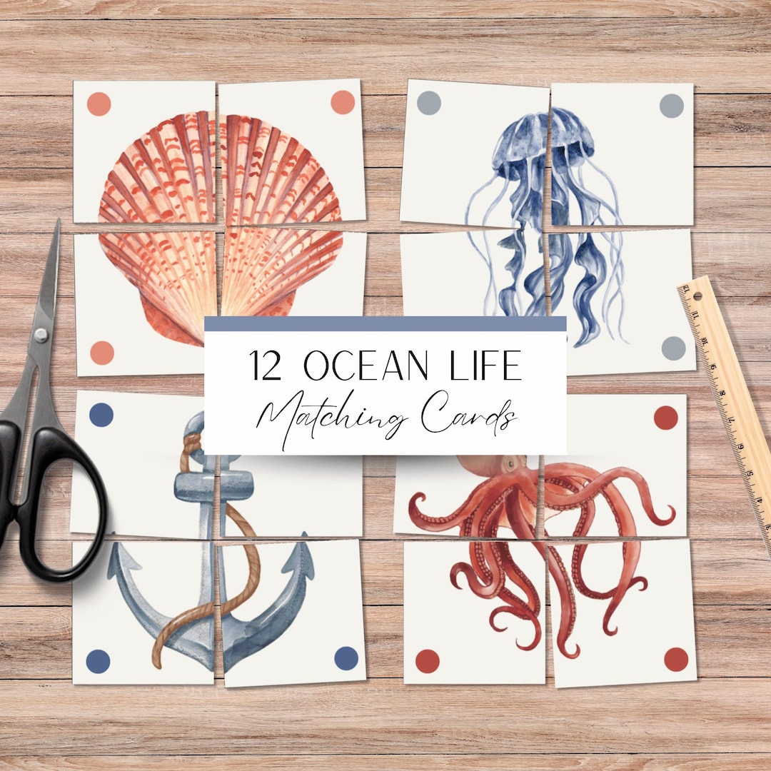 12 Ocean Life Matching Cards, Printable Watercolor Ocean Life Puzzles ...