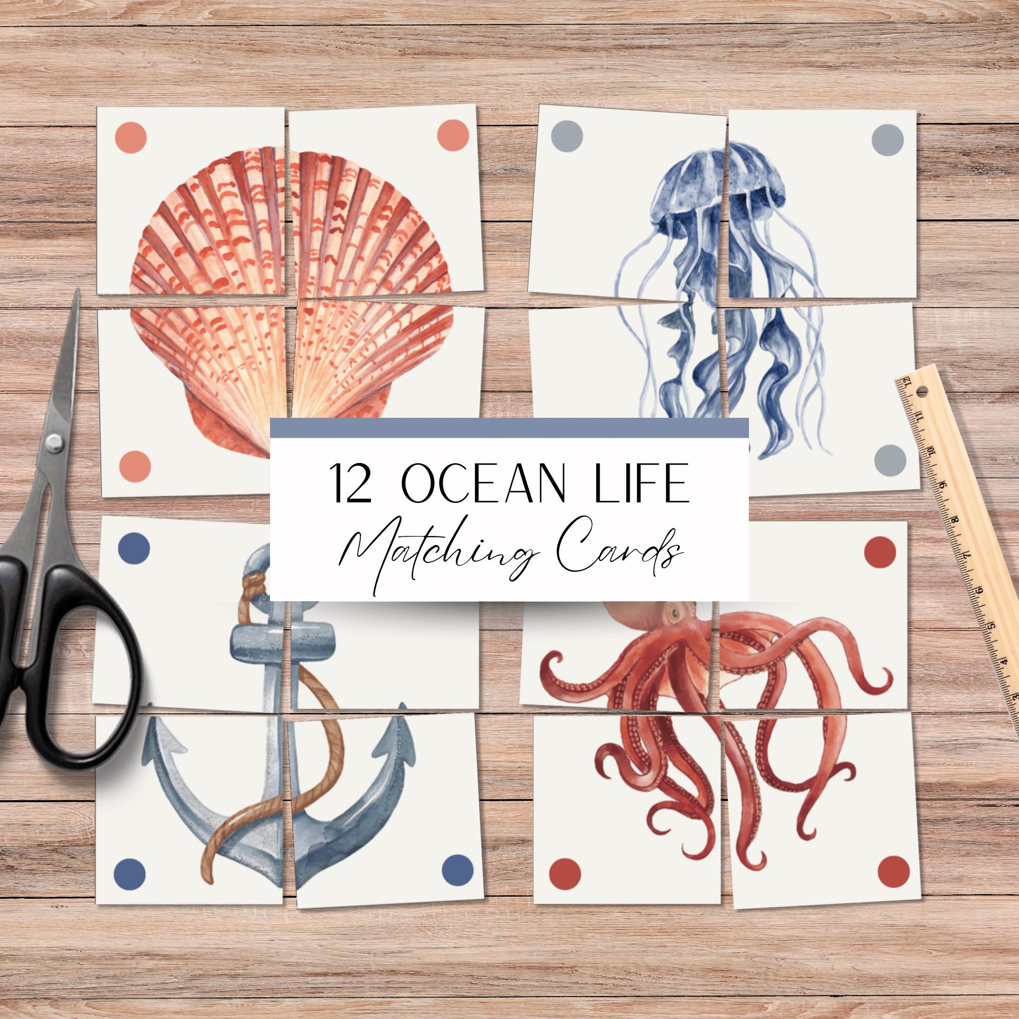 12 Ocean Life Matching Cards, Printable Watercolor Ocean Life Puzzles ...