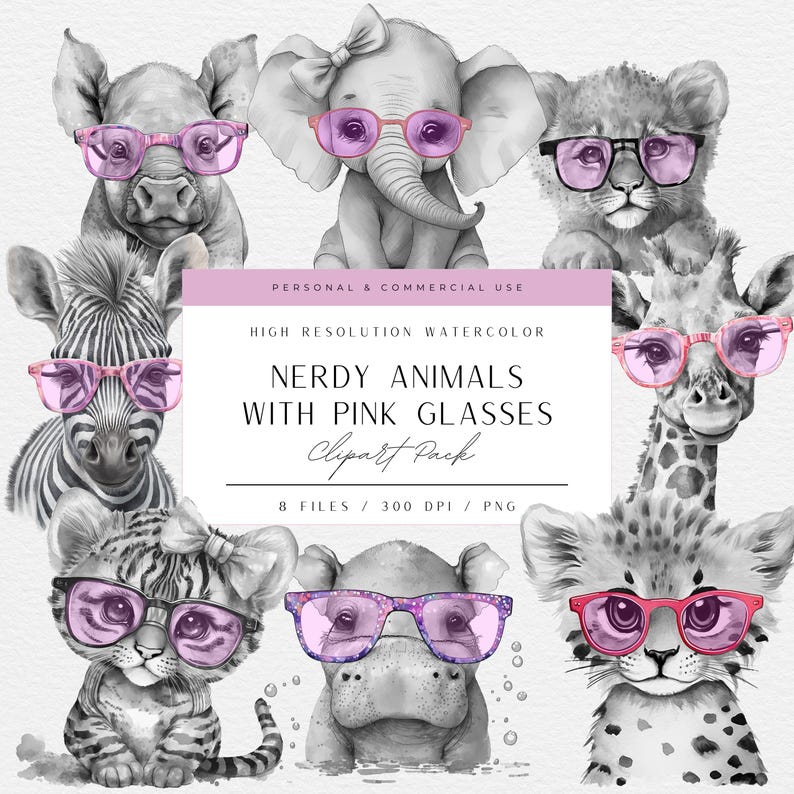 Nerdy Animals With Pink Glasses Clipart, 8 High Quality Pngs, Black and ...