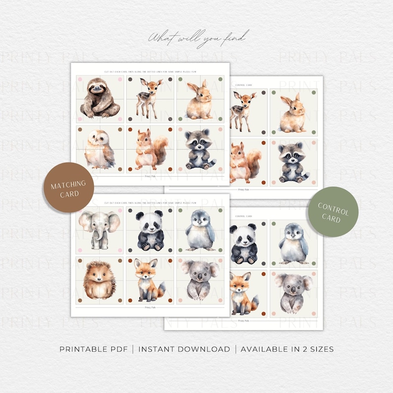 12 Baby Animal Matching Cards, Printable Watercolor Animal Puzzles ...