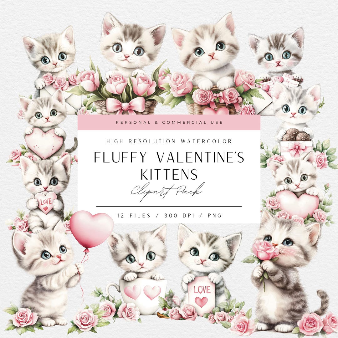 Fluffy Valentine's Kitten Clipart, 12 High Quality Pngs, Valday Art, Watercolor, Sticker ...