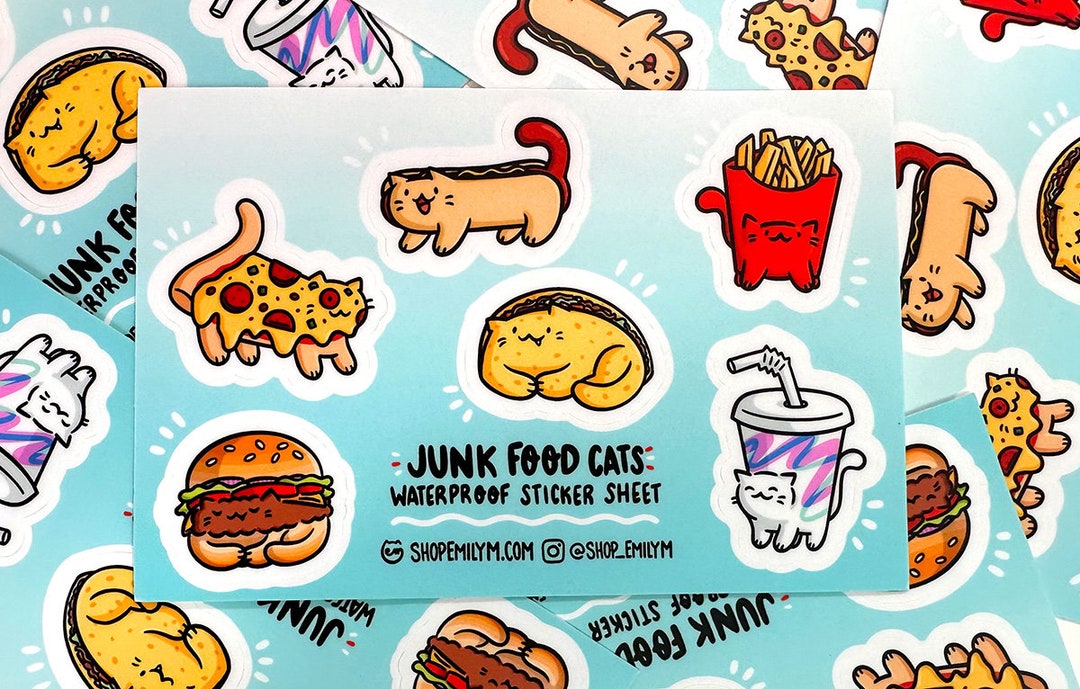 Junk Food Cats Waterproof Sticker Sheet | Mini Vinyl Stickers | Cute ...